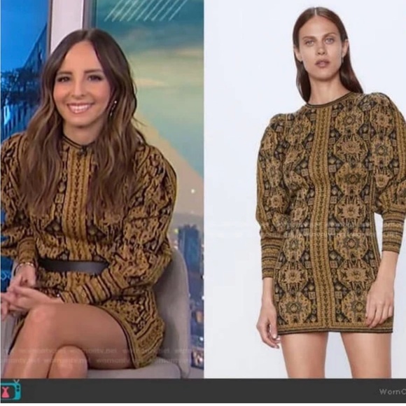 Zara | Dresses | Zara Gold Jacquard Mini Dress Celebrity Worn ...